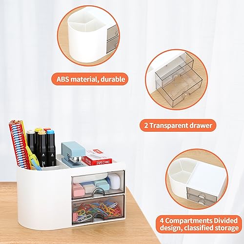 LETURE Desk Organizer Office Supplies Caddy with Pencil Holder and Drawer for Desktop Accessories, Business Card/Pen/Pencil/Mobile Phone/Stationery Holder Storage Box (White)