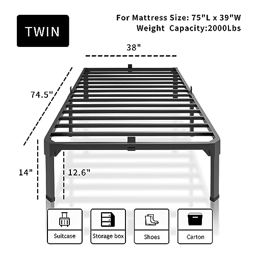 Superay 14 Inch Metal Twin Bed Frame with Mattress Slide Stopper - Single Black Basic Anti Squeak Steel Slats Platform, Easy Assembly Heavy Duty Noise Free Bedframes, No Box Spring Needed