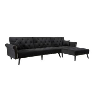 LCH Velvet Convertible Sleeper Sectional Sofa Bed,Reversible L Shaped Button Tufted Couch Furniture Set with Chaise Lounge 2 Pillows for Living Room, Black