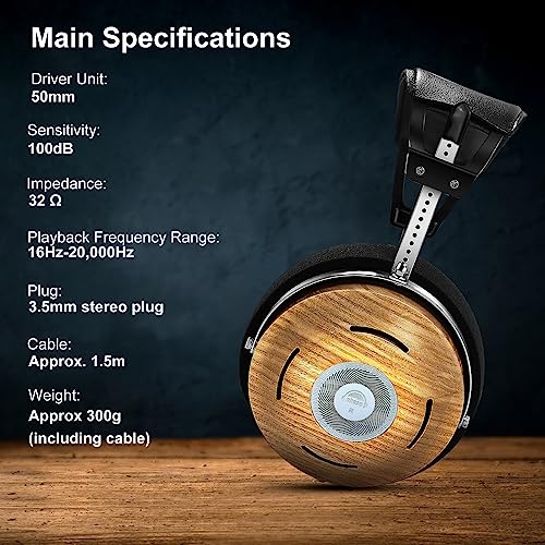 okcsc Open-Back Headphone for Studio 50mm Driver Horn HiFi Audiophile Headphones Classic Wooden Vintage Style Over Ear Headset with Dual 3.5mm Audio Cable, ASH Headphone Open-Back Headset