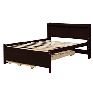 BIADNBZ Full Size Platform Bed with Trundle and Drawers, Wooden Bedframe with Storage Headboard&Bookcase for Kids Teens Bedroom, No Box Spring Needed, Espresso