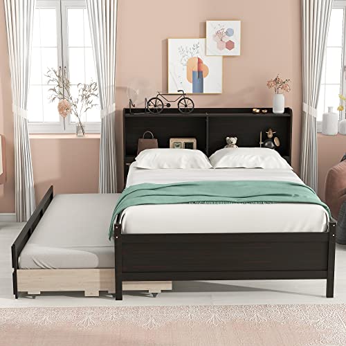 BIADNBZ Full Size Platform Bed with Trundle and Drawers, Wooden Bedframe with Storage Headboard&Bookcase for Kids Teens Bedroom, No Box Spring Needed, Espresso