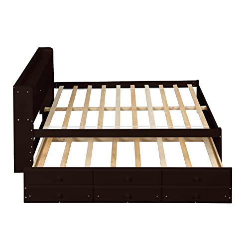 BIADNBZ Full Size Platform Bed with Trundle and Drawers, Wooden Bedframe with Storage Headboard&Bookcase for Kids Teens Bedroom, No Box Spring Needed, Espresso