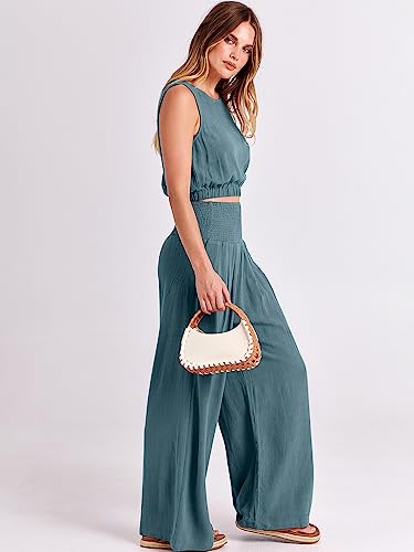 ANRABESS 2 Piece Summer Outfits for Women Casual Lounge Matching Sets Linen Crop Top Long Smocked Waistband Pants Jumpsuits Summer Vacation 2023 Fashion Clothes A1093hulv-M