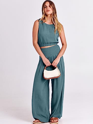 ANRABESS 2 Piece Summer Outfits for Women Casual Lounge Matching Sets Linen Crop Top Long Smocked Waistband Pants Jumpsuits Summer Vacation 2023 Fashion Clothes A1093hulv-M