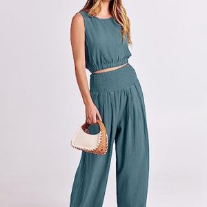 ANRABESS 2 Piece Summer Outfits for Women Casual Lounge Matching Sets Linen Crop Top Long Smocked Waistband Pants Jumpsuits Summer Vacation 2023 Fashion Clothes A1093hulv-M