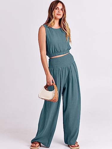 ANRABESS 2 Piece Summer Outfits for Women Casual Lounge Matching Sets Linen Crop Top Long Smocked Waistband Pants Jumpsuits Summer Vacation 2023 Fashion Clothes A1093hulv-M