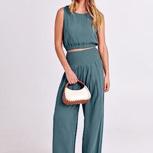 ANRABESS 2 Piece Summer Outfits for Women Casual Lounge Matching Sets Linen Crop Top Long Smocked Waistband Pants Jumpsuits Summer Vacation 2023 Fashion Clothes A1093hulv-M