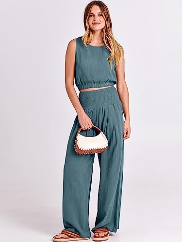 ANRABESS 2 Piece Summer Outfits for Women Casual Lounge Matching Sets Linen Crop Top Long Smocked Waistband Pants Jumpsuits Summer Vacation 2023 Fashion Clothes A1093hulv-M