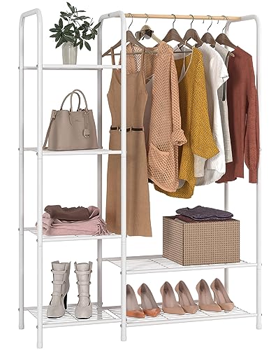 TZAMLI Clothing Rack with 6 Shelves, Heavy Duty Clothes Rack Garment Rack with Hanging Rod, Free-Standing Closet Organizer Storage Shelf (White-6 Tier)