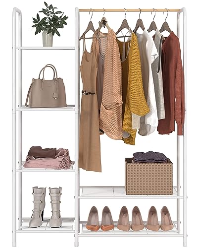 TZAMLI Clothing Rack with 6 Shelves, Heavy Duty Clothes Rack Garment Rack with Hanging Rod, Free-Standing Closet Organizer Storage Shelf (White-6 Tier)