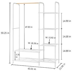 TZAMLI Clothing Rack with 6 Shelves, Heavy Duty Clothes Rack Garment Rack with Hanging Rod, Free-Standing Closet Organizer Storage Shelf (White-6 Tier)