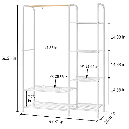 TZAMLI Clothing Rack with 6 Shelves, Heavy Duty Clothes Rack Garment Rack with Hanging Rod, Free-Standing Closet Organizer Storage Shelf (White-6 Tier)