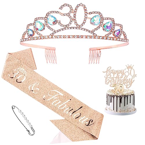 Jaciya 30 Birthday Decorations for Women Rose Gold Birthday Crown 30 & Fabulous Sash and Pearl Pin Happy 30 Birthday Cake Topper 30 Year Old Birthday Gifts for Women Party Favor Supplies