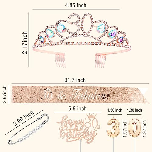 Jaciya 30 Birthday Decorations for Women Rose Gold Birthday Crown 30 & Fabulous Sash and Pearl Pin Happy 30 Birthday Cake Topper 30 Year Old Birthday Gifts for Women Party Favor Supplies