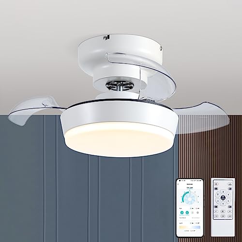 MADSHNE Low Profile Ceiling Fan with Lights, 24" Small Retractable Blades Ceiling Fans with Remote, Modern Flush Mount Fandelier Ceiling Fans with Dimmable LED Lighting,Reversible (White)