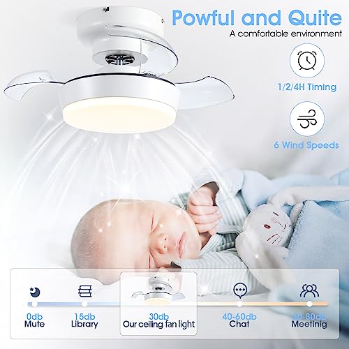 MADSHNE Low Profile Ceiling Fan with Lights, 24" Small Retractable Blades Ceiling Fans with Remote, Modern Flush Mount Fandelier Ceiling Fans with Dimmable LED Lighting,Reversible (White)