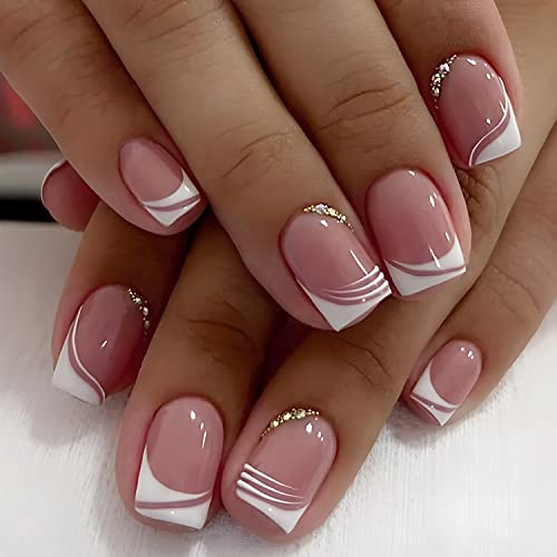 Short Press on Nails Square French Fake Nails Acrylic Nude Pink False Nails with Rhinestone Designs Artificial Glossy Nails Full Cover Glue on Nails Stick on Nails for Women