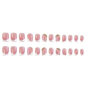 Short Press on Nails Square French Fake Nails Acrylic Nude Pink False Nails with Rhinestone Designs Artificial Glossy Nails Full Cover Glue on Nails Stick on Nails for Women