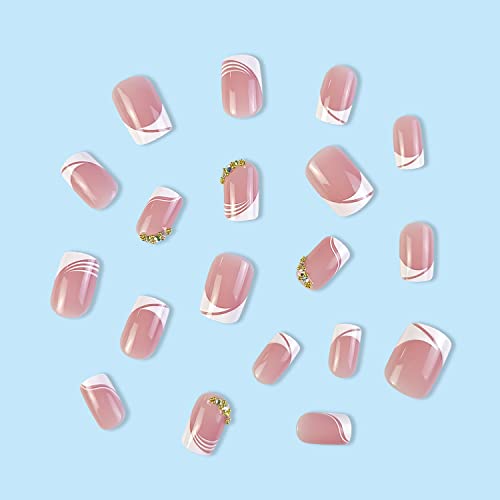 Short Press on Nails Square French Fake Nails Acrylic Nude Pink False Nails with Rhinestone Designs Artificial Glossy Nails Full Cover Glue on Nails Stick on Nails for Women