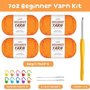 NiArt 4x50g Orange Yarn for Crocheting & Knitting, 4x70m(76.5yds) Cotton-Nylon Blend Yarn Crochet Kit for Beginners with Easy-to-See Stitches, Worsted Medium Beginner Practice Cotton Yarn & Tools Kit