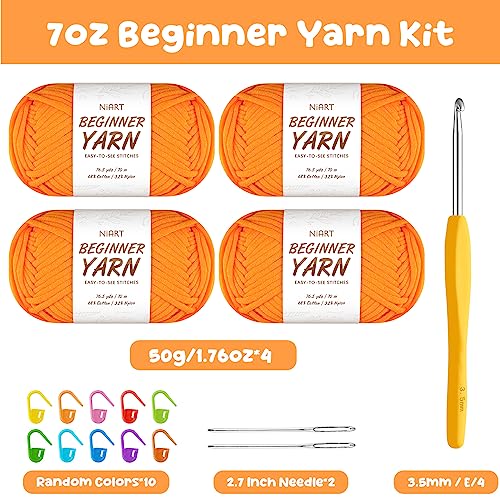 NiArt 4x50g Orange Yarn for Crocheting & Knitting, 4x70m(76.5yds) Cotton-Nylon Blend Yarn Crochet Kit for Beginners with Easy-to-See Stitches, Worsted Medium Beginner Practice Cotton Yarn & Tools Kit