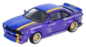 inno models silvia (s14) rhd (right hand drive) blue and purple metallic with yellow stripe tomonori idekawa's rocket bunny boss 1/64 diecast model car in64-s14b-tomosan