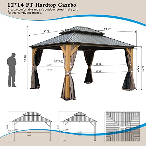 Domi Hardtop Gazebo 12’x14’ Cedar Frame Wood Gazebo with Galvanized Steel Double Roof, Outdoor Permanent Metal Gazebo with Curtains and Netting for Patio,Deck,Backyard