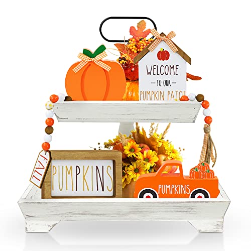 Fall Decorations for Home - Fall Tiered Tray Decor Set with Pumpkins Truck Farmhouse Wooden Decor Bead Garland, Fall Pumpkins Decor for Autumn Thanksgiving Home Kitchen Table Shelf