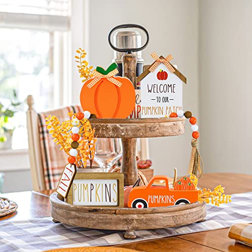 Fall Decorations for Home - Fall Tiered Tray Decor Set with Pumpkins Truck Farmhouse Wooden Decor Bead Garland, Fall Pumpkins Decor for Autumn Thanksgiving Home Kitchen Table Shelf