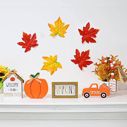 Fall Decorations for Home - Fall Tiered Tray Decor Set with Pumpkins Truck Farmhouse Wooden Decor Bead Garland, Fall Pumpkins Decor for Autumn Thanksgiving Home Kitchen Table Shelf