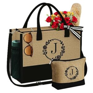 yoolife gifts for women birthday - beach tote bag makeup bag personalized gifts for women her friends female mom teacher sister bridesmaid bride bridal shower gift initial tote bag with zipper j