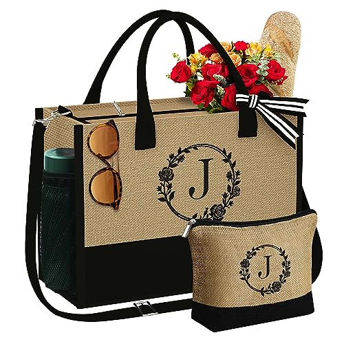 YOOLIFE Gifts for Women Birthday - Beach Tote Bag Makeup Bag Personalized Gifts for Women Her Friends Female Mom Teacher Sister Bridesmaid Bride Bridal Shower Gift Initial Tote Bag with Zipper J