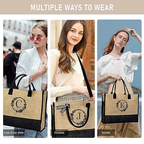 YOOLIFE Gifts for Women Birthday - Beach Tote Bag Makeup Bag Personalized Gifts for Women Her Friends Female Mom Teacher Sister Bridesmaid Bride Bridal Shower Gift Initial Tote Bag with Zipper J