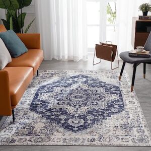 auemtyn rugs for living room,5x7 boho area rug for bedroom,washable rug indoor floor print distressed carpet,soft anti-slip vintage rug for home decor(5'x7',blue)