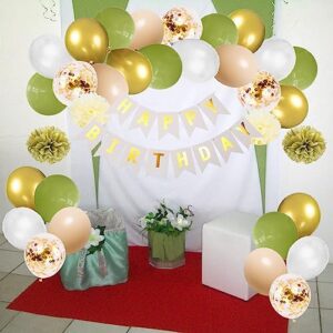 Olive Green Birthday Decorations for Women Olive Green Gold and White Balloons Garland Kit Sage Olive Green and Gold Birthday Party Decorations with Happy Birthday Cake Topper Gold