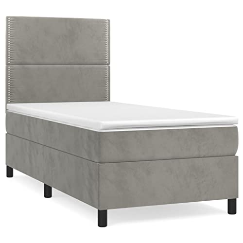 vidaXL Light Gray Velvet Twin XL Box Spring Bed with Mattress - Adjustable, Solid Larch Wood, Plywood, and Engineered Wood - Modern Style Single Bed