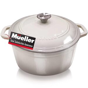 mueller duracast 6 quart enameled cast iron dutch oven pot with lid, dual handles, heavy-duty braiser pan, stainless steel knob, for braising, stews, roasting, baking, safe across all cooktops, white