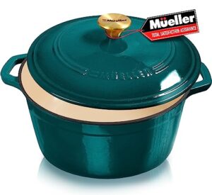 mueller duracast 6 quart enameled cast iron dutch oven pot with lid, heavy-duty, braiser pan, stainless steel knob, for bread baking, braising, stews, roasting, safe across all cooktops, emerald