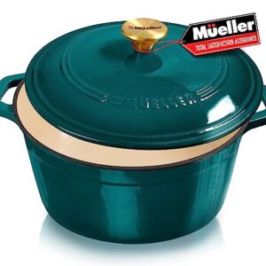 Mueller DuraCast 6 Quart Enameled Cast Iron Dutch Oven Pot with Lid, Heavy-Duty, Braiser Pan, Stainless Steel Knob, for Bread Baking, Braising, Stews, Roasting, Safe across All Cooktops, Emerald