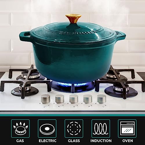 Mueller DuraCast 6 Quart Enameled Cast Iron Dutch Oven Pot with Lid, Heavy-Duty, Braiser Pan, Stainless Steel Knob, for Bread Baking, Braising, Stews, Roasting, Safe across All Cooktops, Emerald