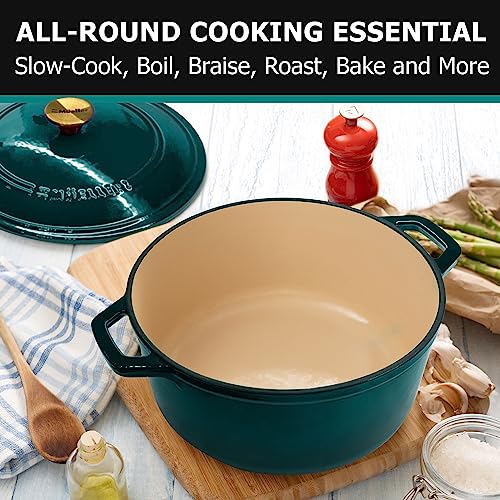 Mueller DuraCast 6 Quart Enameled Cast Iron Dutch Oven Pot with Lid, Heavy-Duty, Braiser Pan, Stainless Steel Knob, for Bread Baking, Braising, Stews, Roasting, Safe across All Cooktops, Emerald