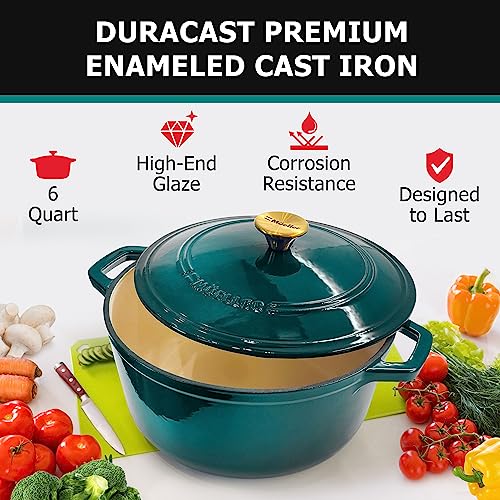 Mueller DuraCast 6 Quart Enameled Cast Iron Dutch Oven Pot with Lid, Heavy-Duty, Braiser Pan, Stainless Steel Knob, for Bread Baking, Braising, Stews, Roasting, Safe across All Cooktops, Emerald