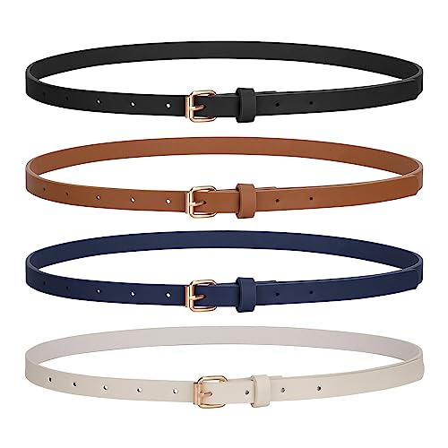 JASGOOD 4 Pack Skinny Women Leather Belt for Dresses Thin Waist Belt for Jeans Pants with Gold Buckle