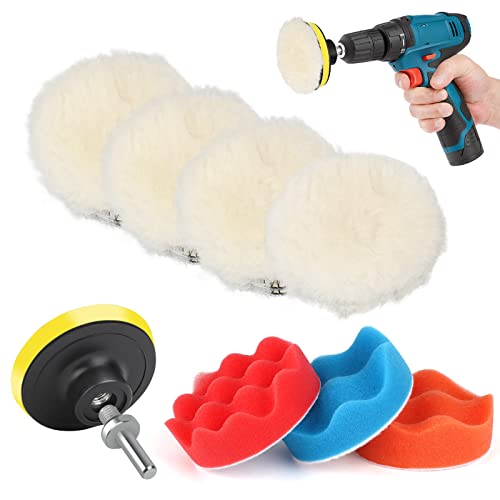 8 Pcs Drill Polishing Pad Kit, 4 Pcs 3 Inch Wool Buffing Polishing Pads & 3 Pcs Buffing Sponge, Hook & Loop Backing Pad with M10 Drill Adapter for Car Buffer Polisher Compounding, Polishing and Waxing