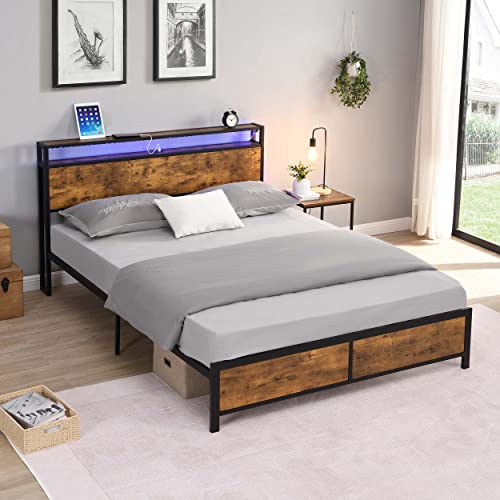 SYING88 Industrial Queen Bed Frame with LED Lights and 2 USB Ports Bed Frame Queen Size with Storage No Box Spring Needed for Boys Girls Teens Adults, Bedroom, Dormitory Easy Assenbly Rustic Brown