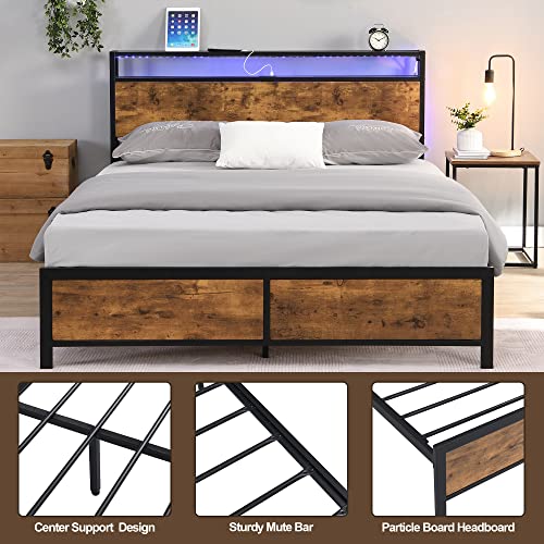 SYING88 Industrial Queen Bed Frame with LED Lights and 2 USB Ports Bed Frame Queen Size with Storage No Box Spring Needed for Boys Girls Teens Adults, Bedroom, Dormitory Easy Assenbly Rustic Brown