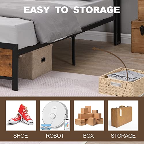 SYING88 Industrial Queen Bed Frame with LED Lights and 2 USB Ports Bed Frame Queen Size with Storage No Box Spring Needed for Boys Girls Teens Adults, Bedroom, Dormitory Easy Assenbly Rustic Brown