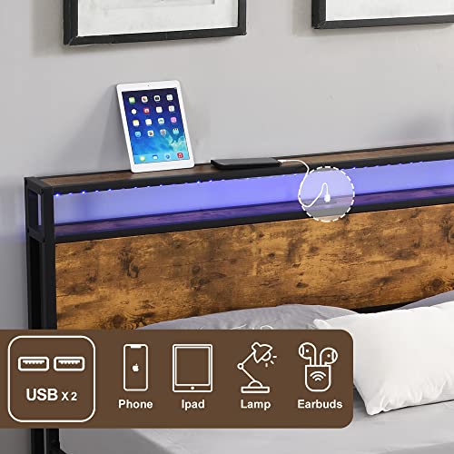 SYING88 Industrial Queen Bed Frame with LED Lights and 2 USB Ports Bed Frame Queen Size with Storage No Box Spring Needed for Boys Girls Teens Adults, Bedroom, Dormitory Easy Assenbly Rustic Brown