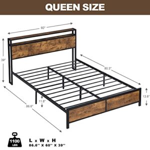 SYING88 Industrial Queen Bed Frame with LED Lights and 2 USB Ports Bed Frame Queen Size with Storage No Box Spring Needed for Boys Girls Teens Adults, Bedroom, Dormitory Easy Assenbly Rustic Brown